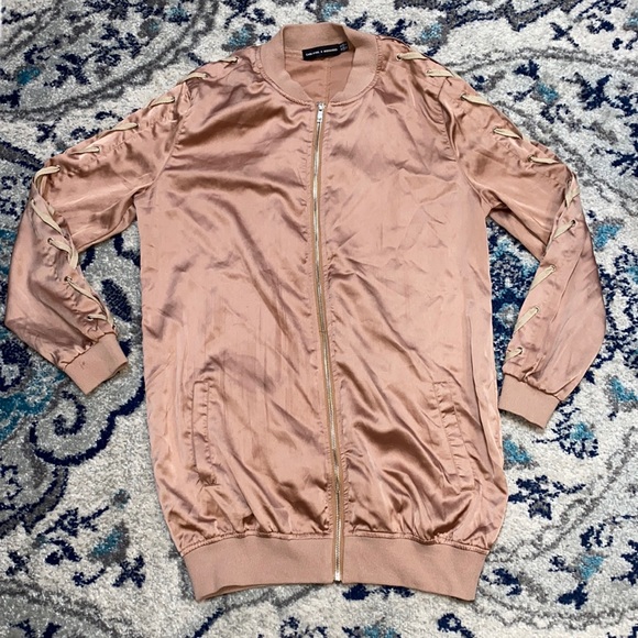 Missguided | Jackets & Coats | Rose Gold Bomber Jacket W Tie Sleeves E ...